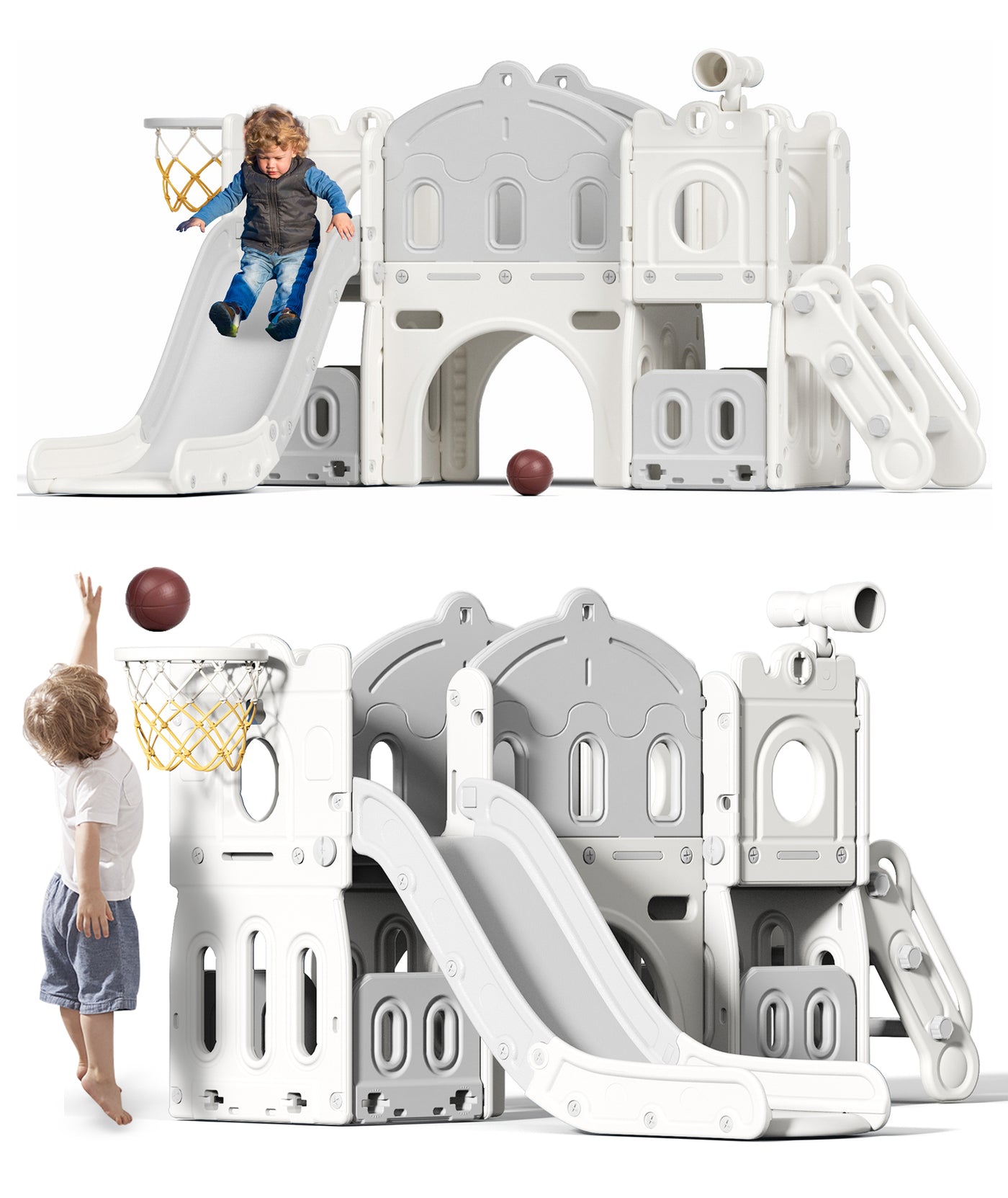 XJD 7-in-1 Kids Slide Climber with Basketball Hoop, Tunnel, Telescope,