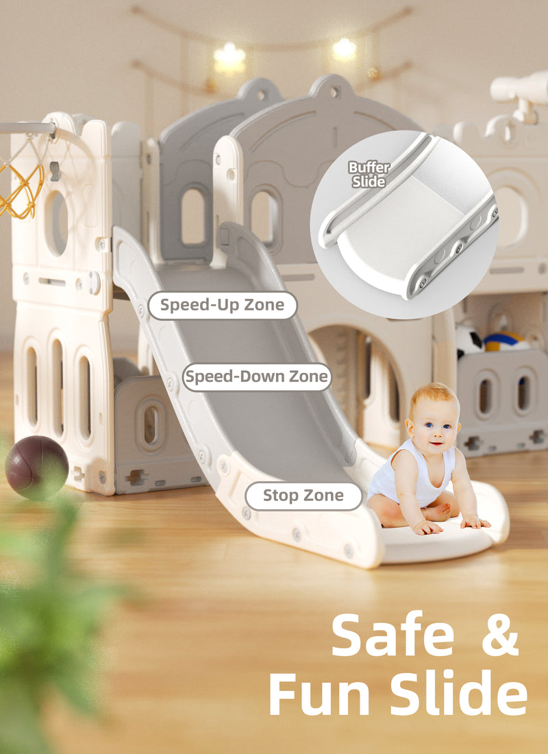 XJD 7-in-1 Kids Slide Climber with Basketball Hoop, Tunnel, Telescope,